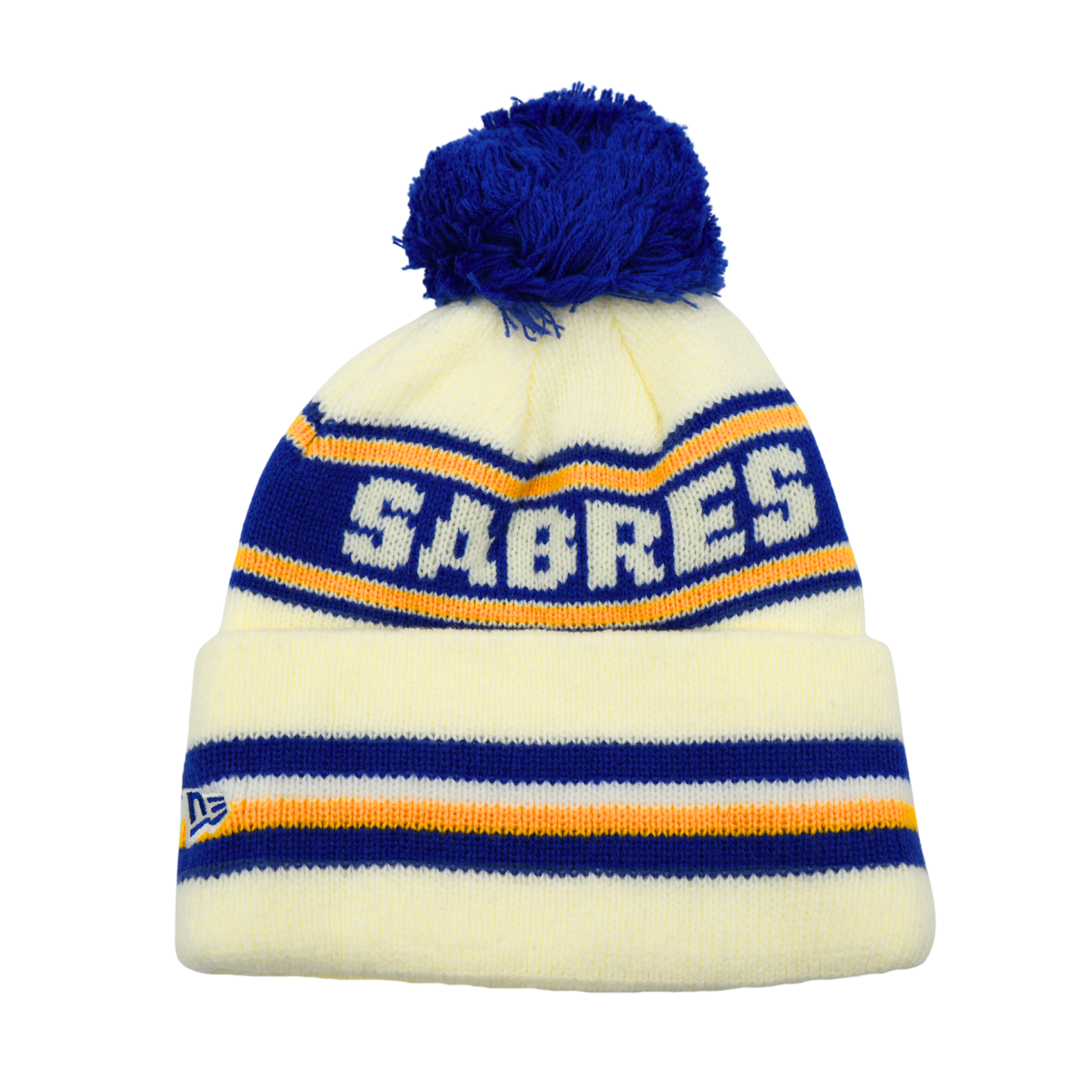 New Era Sabres White w/Blue & Yellow Stripes Knit Pom | The BFLO Store