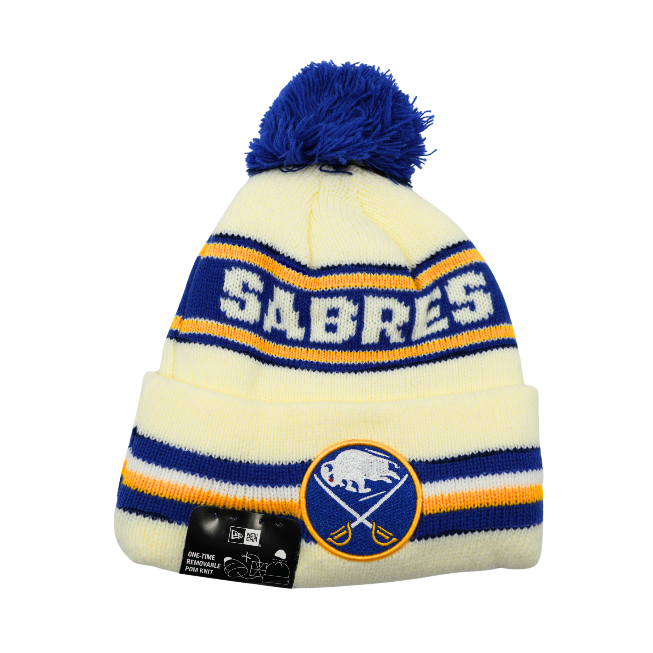 New Era Sabres White w/Blue & Yellow Stripes Knit Pom | The BFLO Store